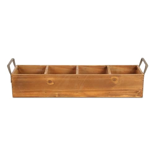 Cheung's FP-3879BR Dark Brown Wooden 4 Slot Storage Caddy with Side Metal Handles and Center Galvanized Accent