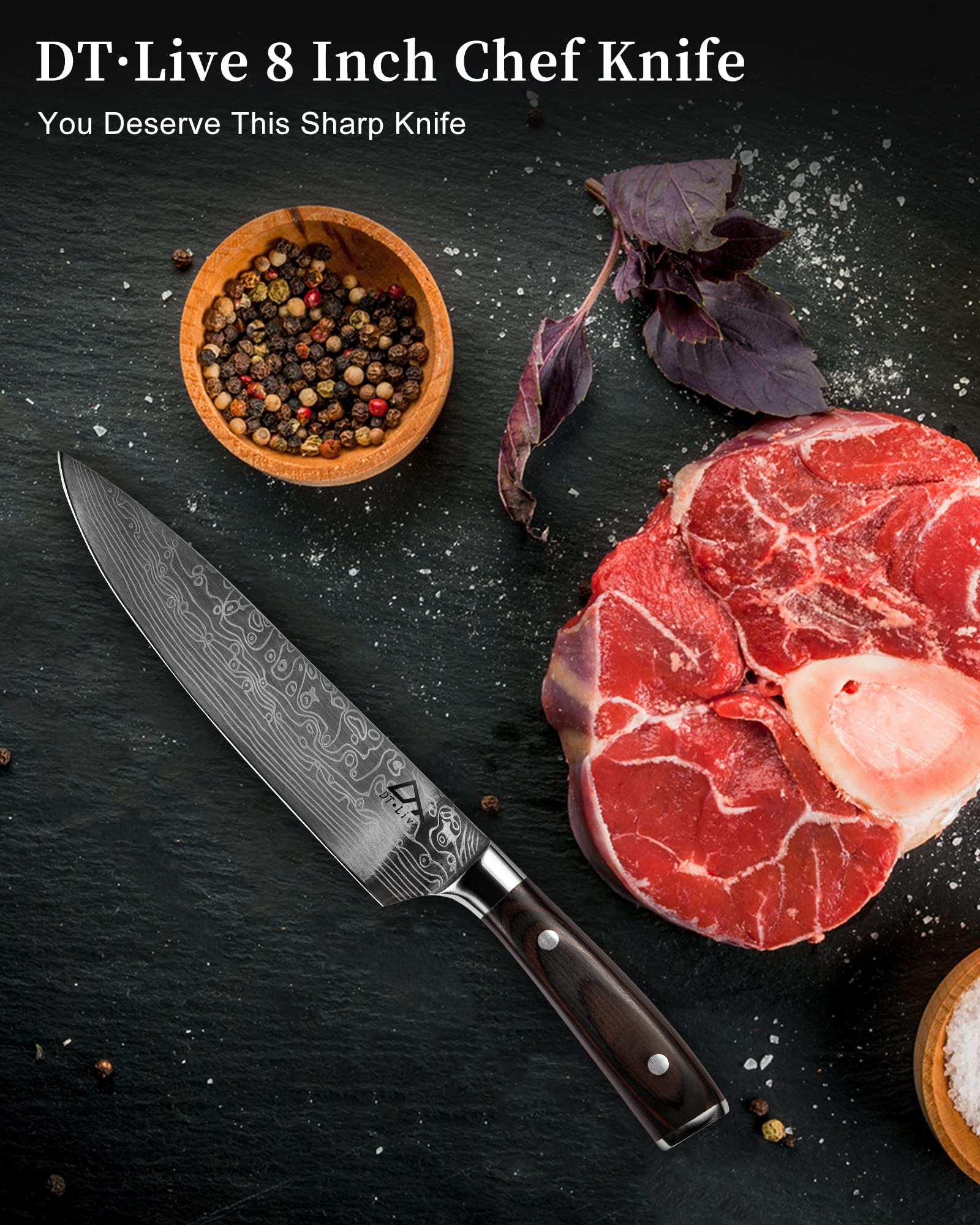 DT·Live Chef Knife, 8 Inch High Carbon German Stainless Steel Sharp Kitchen Knife for Chopping and Slicing, with Gift Box and Knife Cover, Full Tang, Ergonomic Wooden Handle