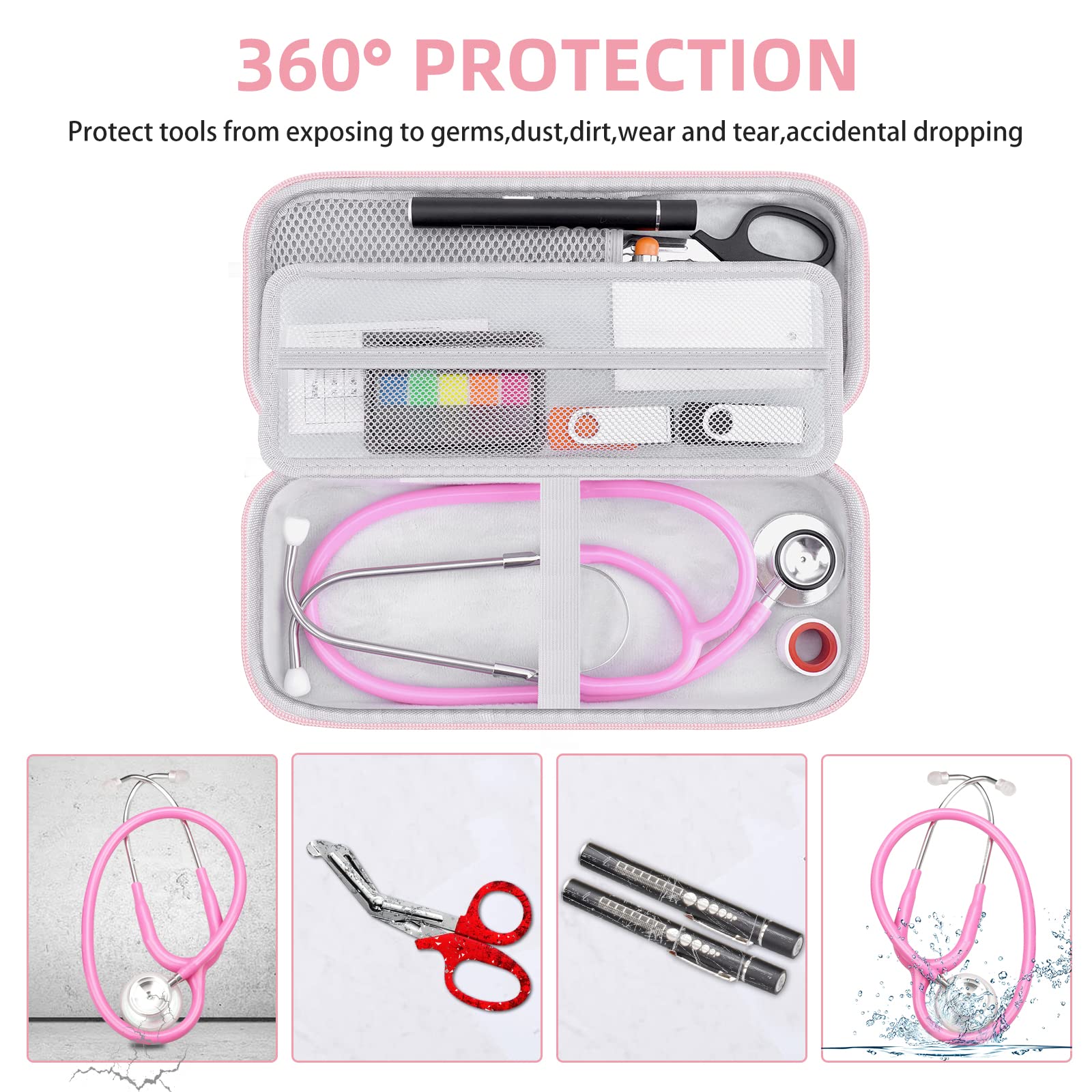 HESPLUS Stethoscope Case for MDF Acoustica/MD One, 3M Littmann Classic III/Lightweight II S.E/Cardiology IV Diagnostic/CORE Digital Stethoscopes, Includes Mesh Pocket for Nurse Accessories - Pink
