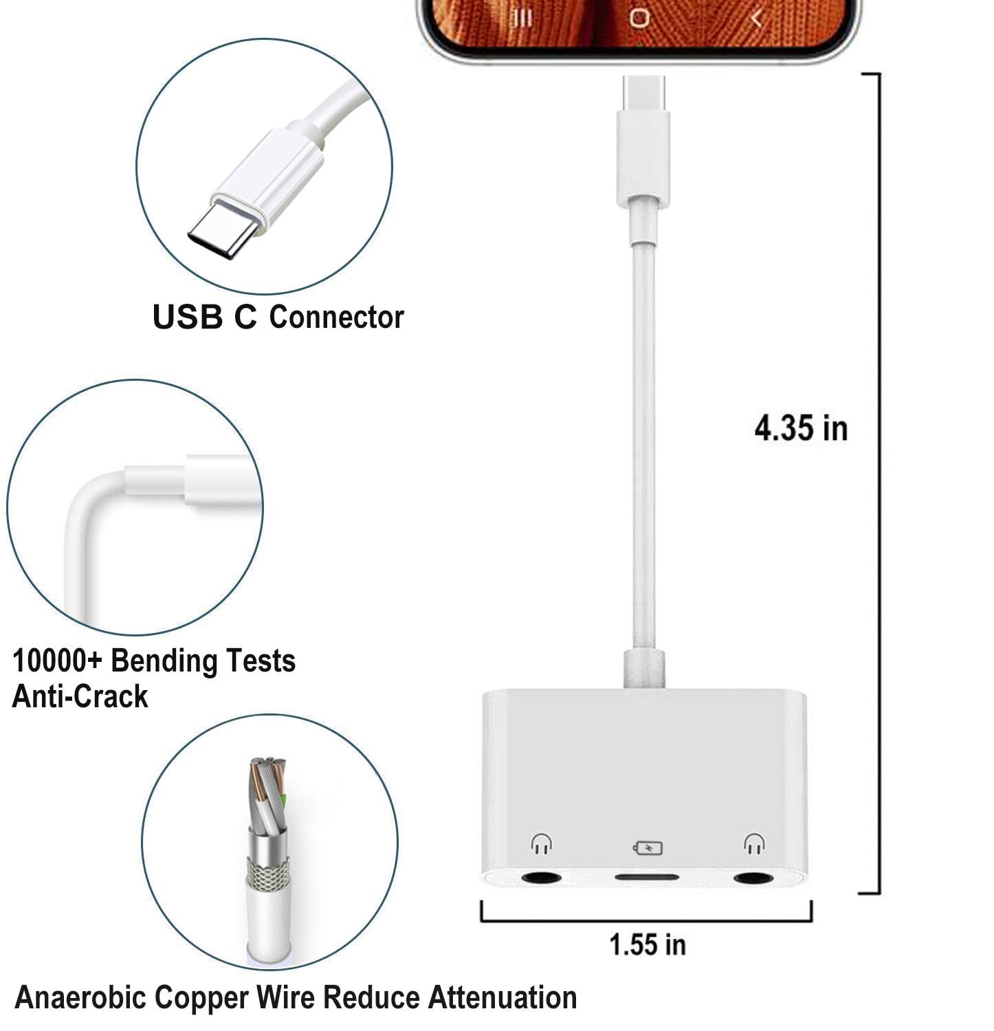 Ceotsak USB Type C to Dual 3.5mm Headphone Adapter, Supports Fast Charging, Compatible with iPhone 15, iPad Pro, Samsung Galaxy, OnePlus and More