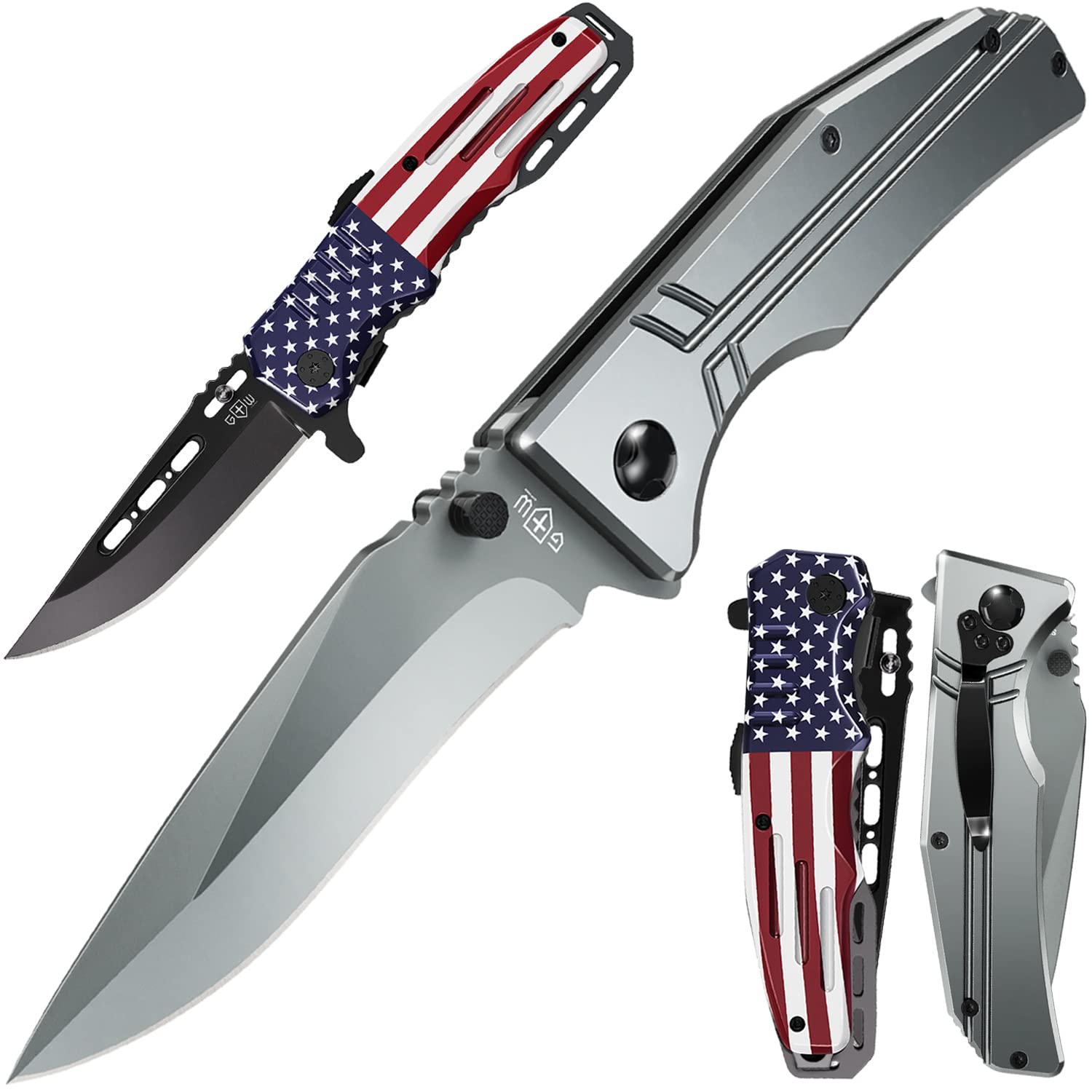 Bundle of 2 Items - Pocket Folding Knife - Military Style - Pocket Knife - Tactical Knife - Camping Hunting Knofe - Gray EDC Knife with Pocket Clip - Gift for Men - Stocking Stuffers