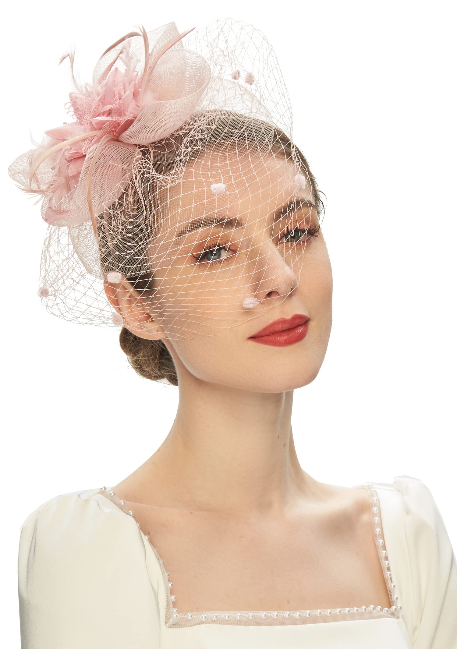 Cizoe Fascinator Hats for Women Tea Party Headband Kentucky Derby Wedding Flower Mesh Veil Fascinator (A-blush pink)