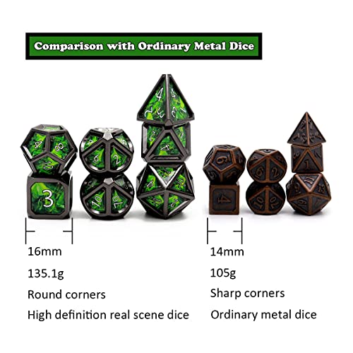 Haxtec Metal Dice Set D&D Acid Splash Real Scene Black Green Polyhedral DND Dice W/PU Leather Dragon Eye Dice Bag for TTRPG Dungeons and Dragons Gifts