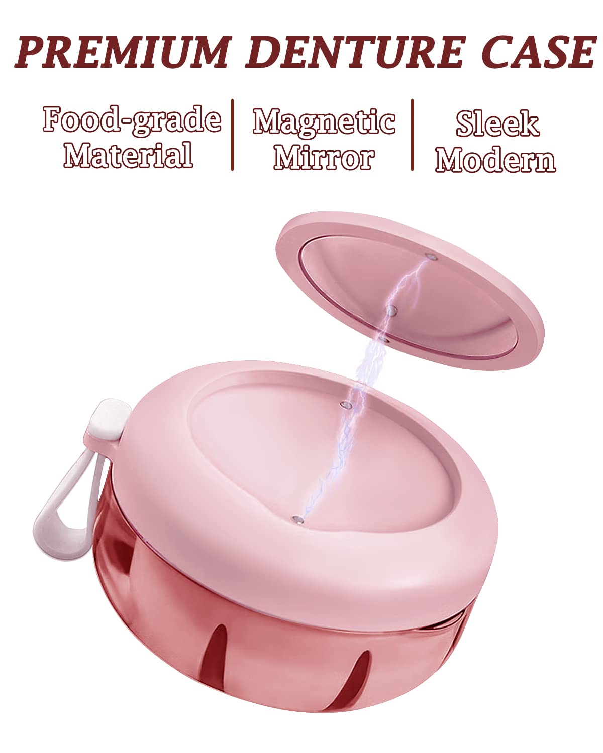Denture Case, Definitely No-Leak Denture Bath Box for Traveling Perfectly, Denture Cup with Strainer & Magnetic Mirror,Completely Clean Care for Retainer, Mouth Guard, & Denture(PINK)…