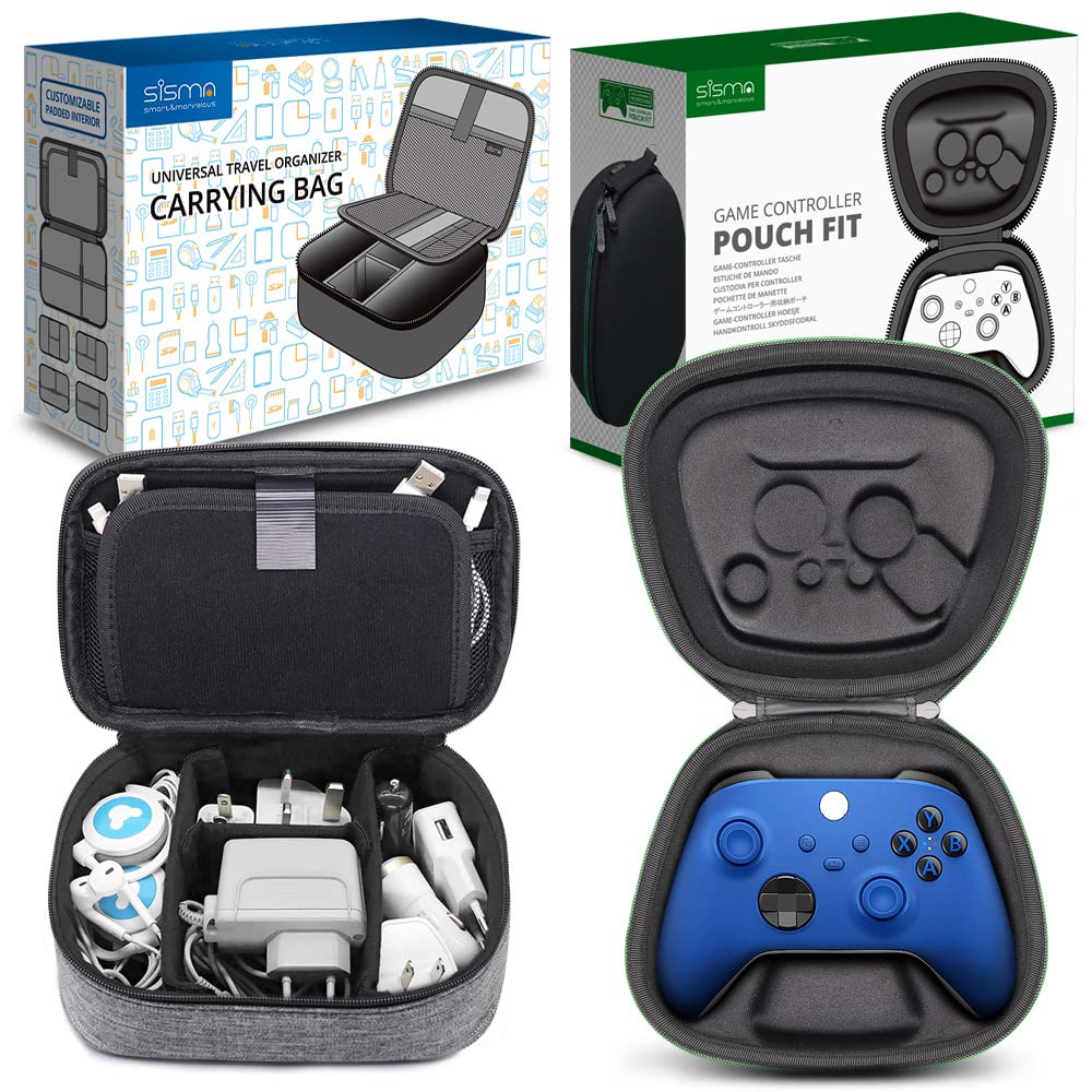 sisma Charging Cords Chargers Battery Travel Organizer (Grey) + Xbox Series X|S Controller Travel Case (Black)