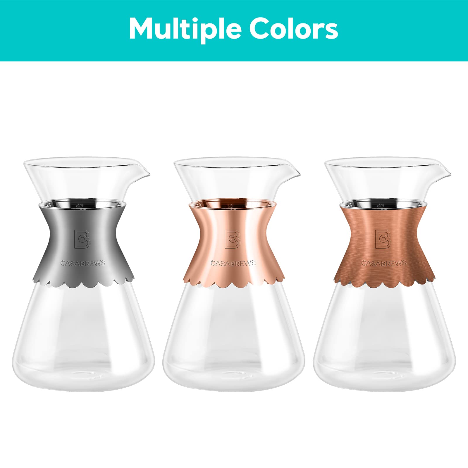 CASABREWS Pour Over Coffee Maker, Coffee Dripper Brewer with Reusable Stainless Steel Filter, 8 Cup Heat Resistant Glass Coffee Carafe, Elegant Coffee Brewer, Black