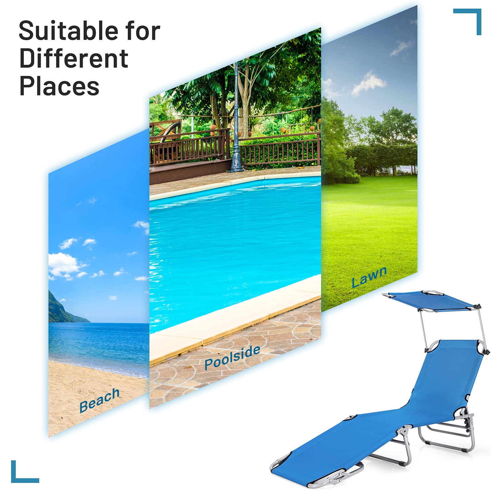 Giantex Outdoor Folding Chaise Lounge, Portable Tanning Chair with 5 Adjustable Positions, 360°Rotatable Canopy Shade, Storage Pocket, Patio Lounge Chair for Beach, Lawn Sunbathing Chair (2, Navy)
