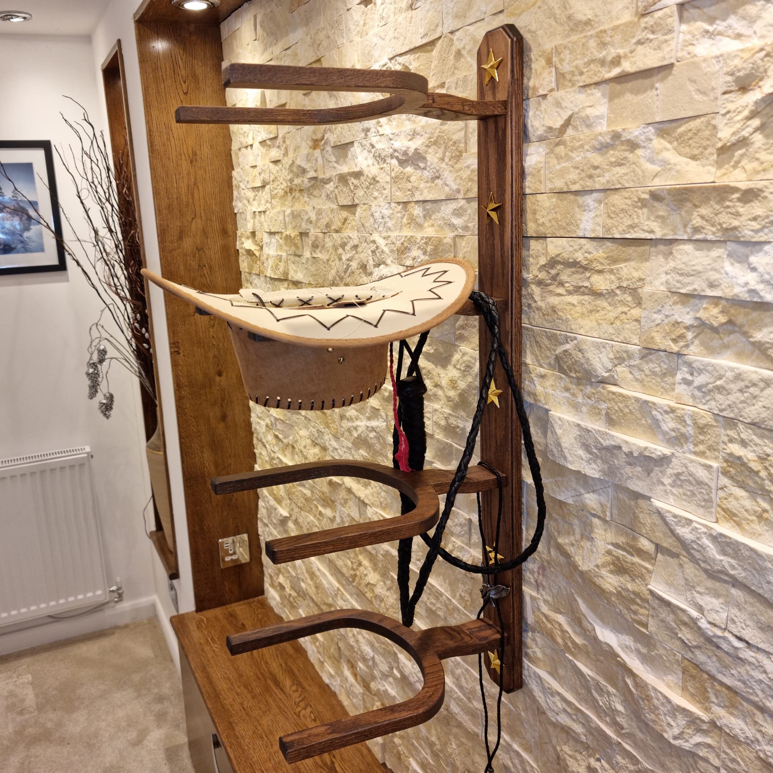 Cowboy Hat Rack - Made from Solid Oak - with Solid Copper 24 Carat Gold Plated Stars - 4 Hat Cowboy Hat Holder - No Veneer or Chipboard
