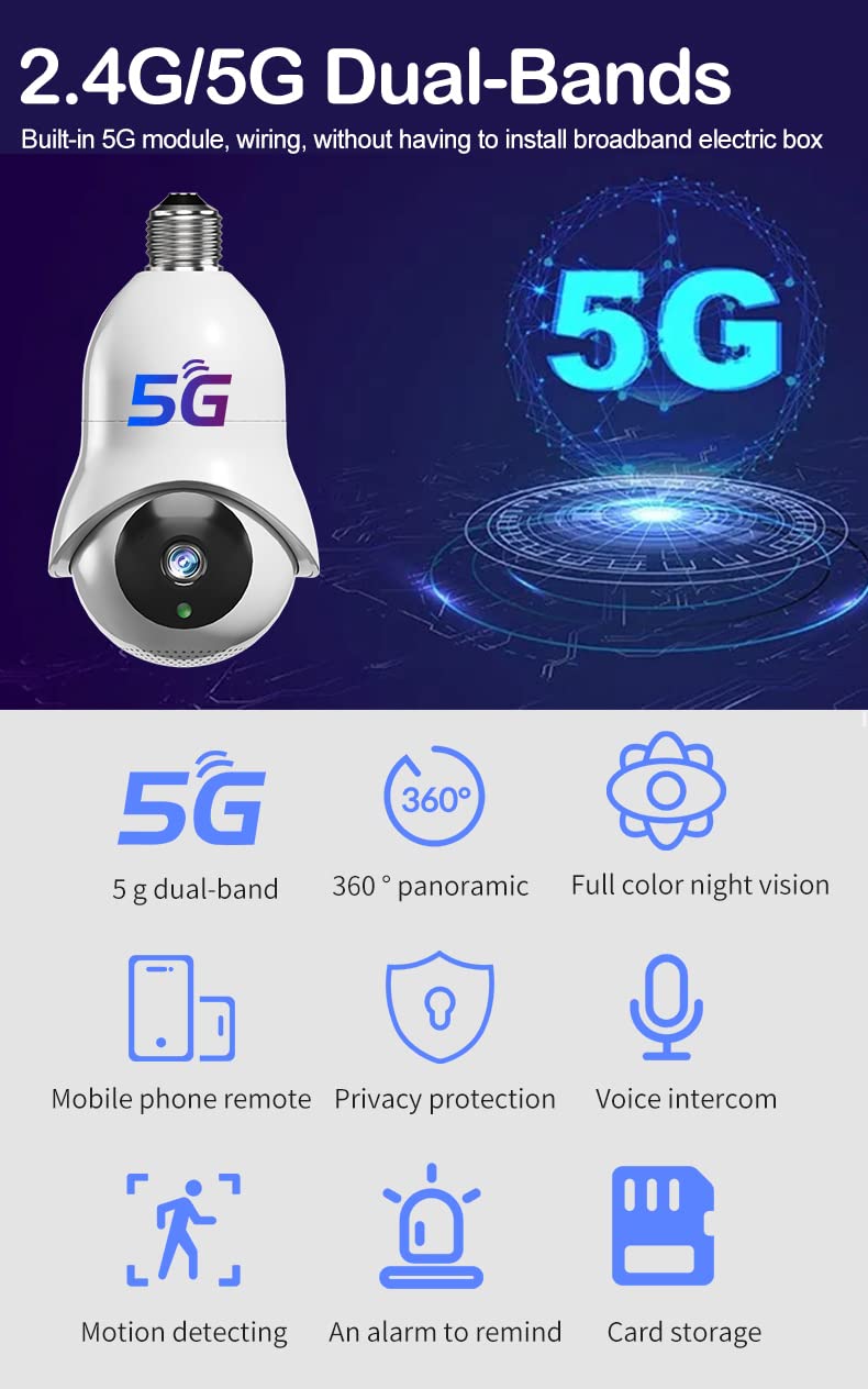 Burbifro 360° Security Lightbulb Camera, 2.4GHz & 5GHz 360 Degree WiFi Light Bulb Surveillance Camera, Wireless Camera for Home Security, Motion Detection, Two-Way Audio Cam