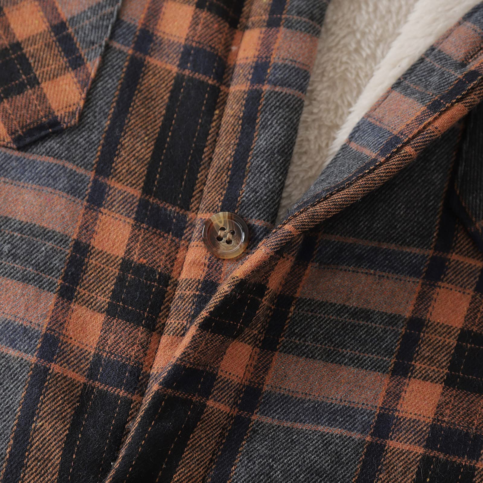 Burband Mens Long Sleeve Berber Fleece Lined Button Down Camp Flannel Shirts Brushed Cotton Thermal Sherpa Plaid Jackets, 2-brown