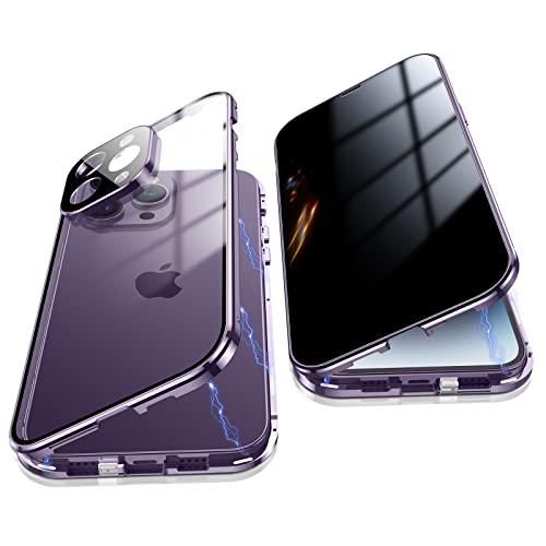 Jonwelsy Anti Peeping Case for iPhone 14 Pro Max, 360 Degree Front and Back Privacy Tempered Glass Cover, Anti SPY Screen, Anti Peep Magnetic Adsorption Metal Bumper for iPhone 14 Pro Max (Purple)