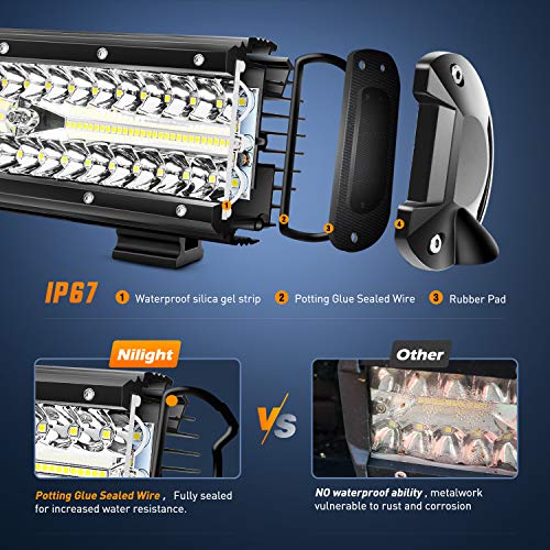 Nilight LED Light Bar 2Pcs 12 Inch 300W Triple Row Flood Spot Combo 30000LM Driving Led Off Road Lights with Off Road Wiring Harness Kit -2 Leads for Trucks ATV UTV SUV, 2 Years Warranty