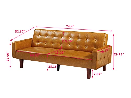 Eafurn 74.41" Faxu Leather Upholstered Futon Bed, Deep Button Tufted Convertible Folding Sleeper Solid Wood Legs, 3 Seater Comfy Soft Sofa & Couches for Living Room Office, Brown PU