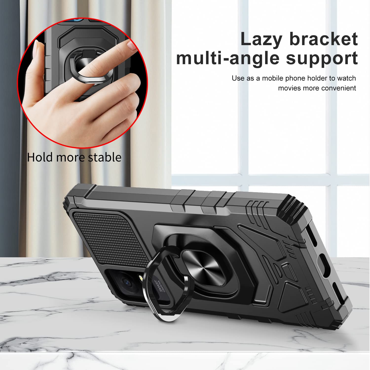 Compatible for TCL ION X Case/TCL ION V Case with Tempered Glass Screen Protector [Military Grade] Ring Car Mount Kickstand Shockproof Hard Phone Case - Black