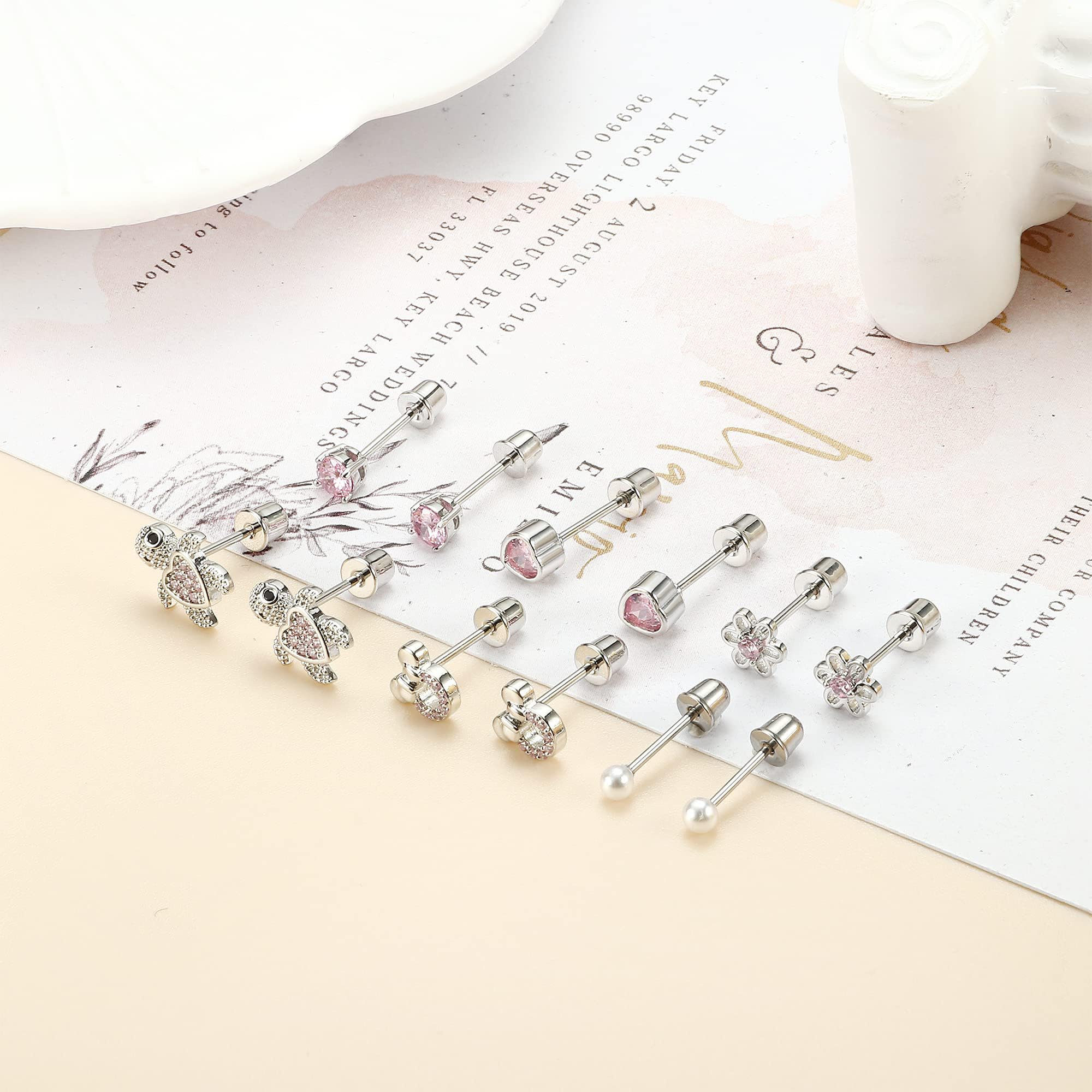 CASSIECA 20G Hypoallergenic Screwback Earrings for Teens Women Stainless Steel CZ Heart Flower Turtle Stud Earrings Jewelry Gift