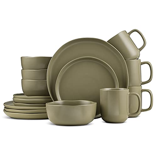 Stone Lain Tom Stoneware Reactive Glaze Dinnerware Set, 16-Piece Service for 4, Olive