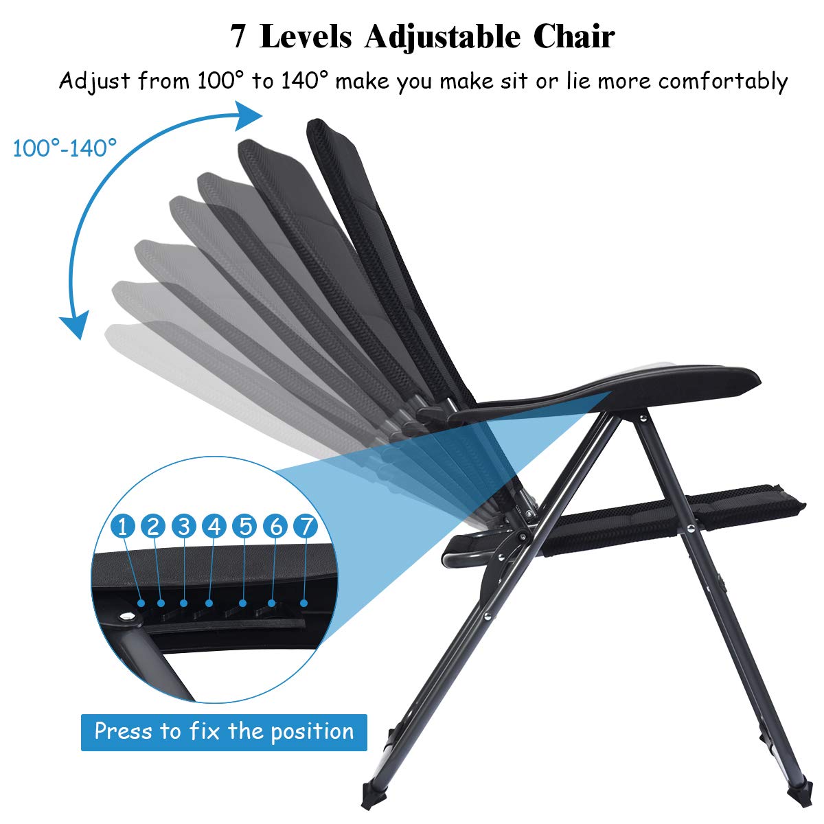 Giantex Set of 2 Patio Chairs, Folding Chairs with Adjustable Backrest, Outdoor Sling Chairs for Bistro, Deck, Backyard, Armchair with Padded Seat, 300 lbs Capacity (2, Black)