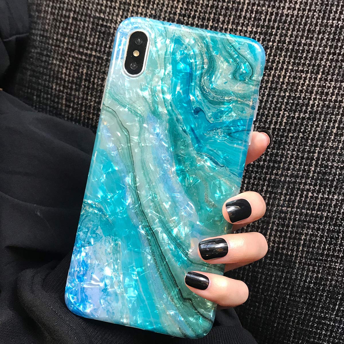 Compatible with iPhone Xs Max Case Marble iPhone Xs Plus Case Girls Women Cute [Tinfoil] Pearly Glitter Phone Case Protective TPU Silicone Case for iPhone 10/Xs Max 6.5 inch (Pearlecent Aqua)