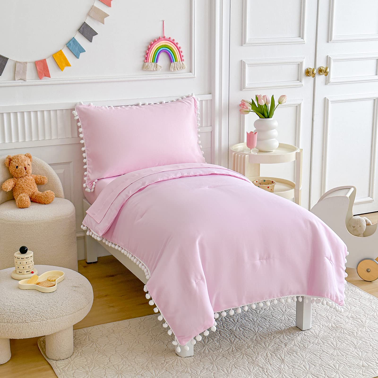 Chrismas Toddler Bedding Set 4 Pieces Boho Ball Pom Pom Toddler Bed Set Bed in a Bag Chic Boho Green Pom Fringe Comforter for New Year Holiday