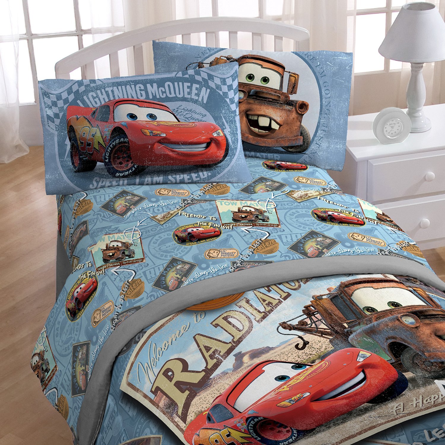 Jay Franco Disney Pixar Tune Up 3 Piece Twin Sheet Set, Blue-Cars