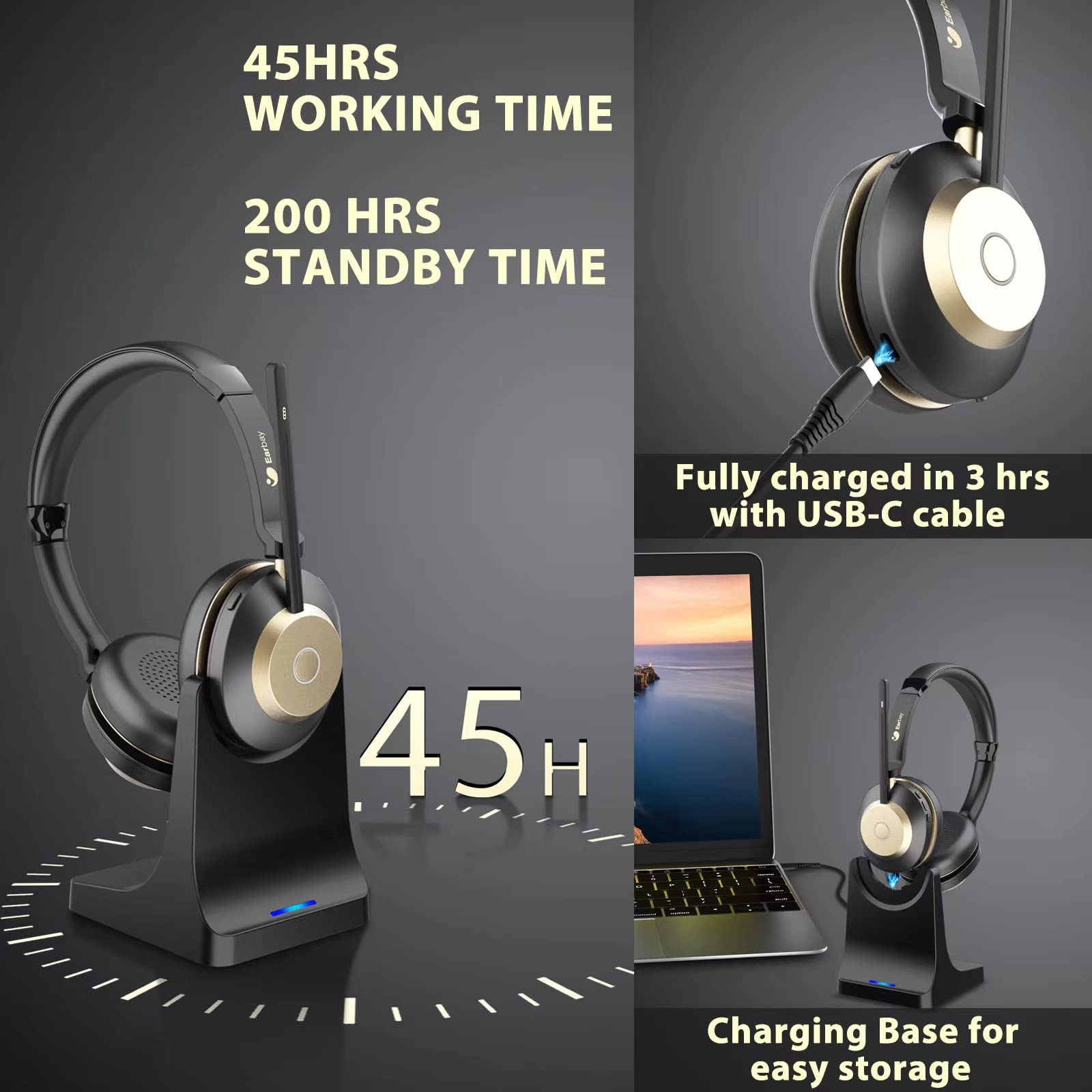 Earbay Bluetooth Headset, Wireless Headset with Microphone for PC, Wireless Headphones with Mic Noise Cancelling/Mute/Charging Dock/USB Dongle, 45hrs Dual Connect Computer Phones Teams Skype Zoom