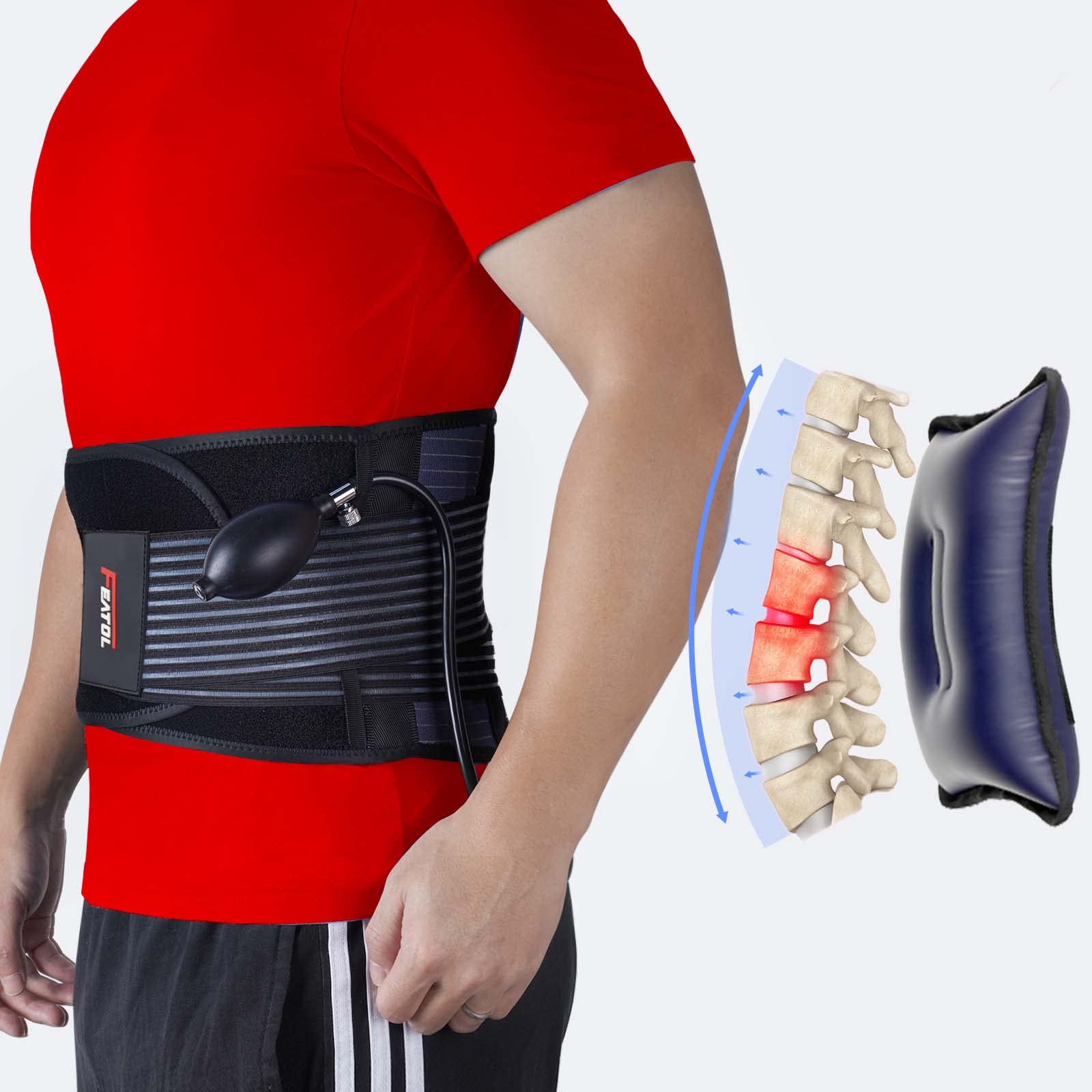 FEATOL Back Brace with Inflatable Pad for Men Women Lower Back Pain Relief, Heavy Lifting,Scoliosis and Herniated Disc Breathable Back Support Belt L/XL fits 29"-37“