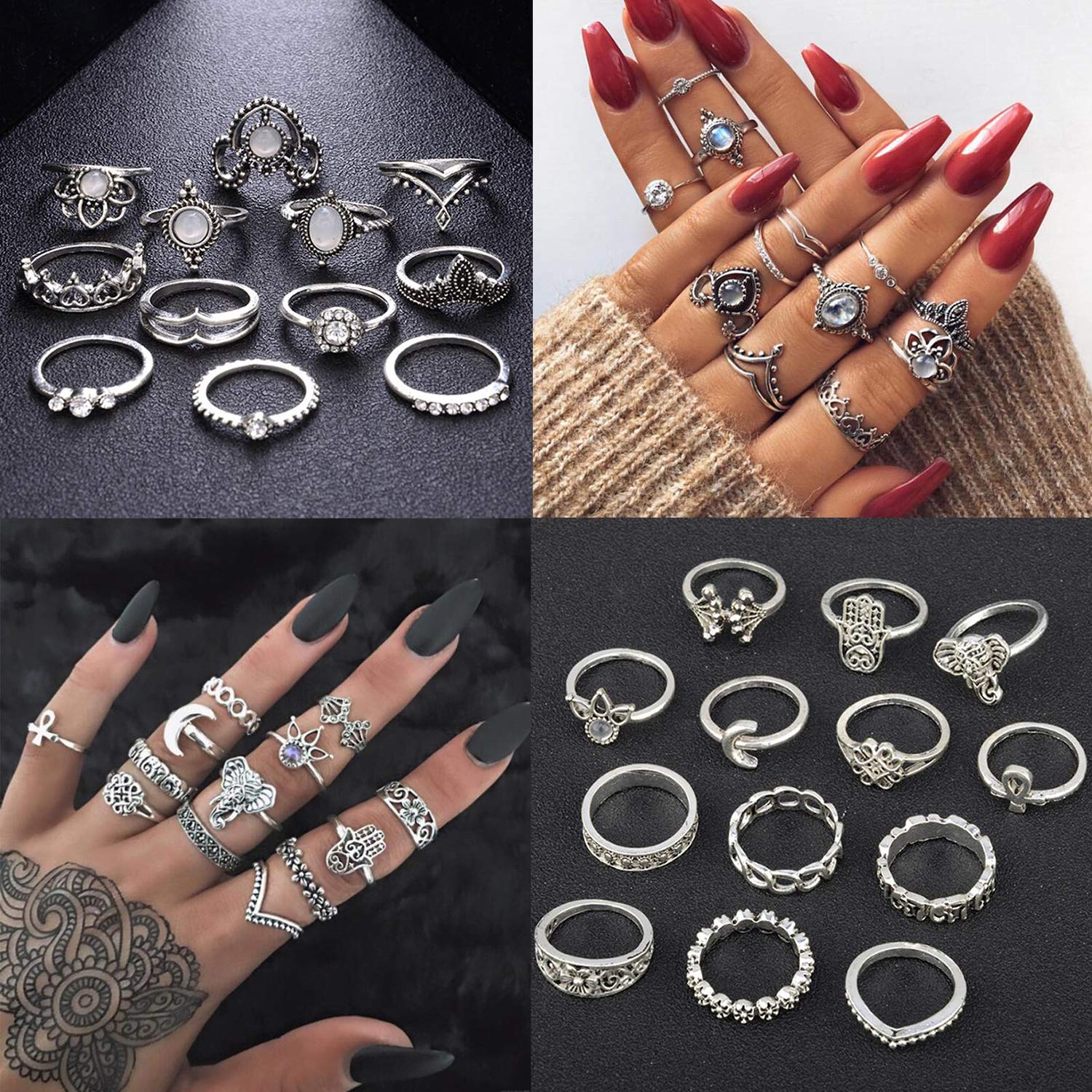CASSIECA 79 Pcs Vintage Knuckle Rings for Women Turquoise Bead Stackable Midi Finger Ring Set Boho Jewelry