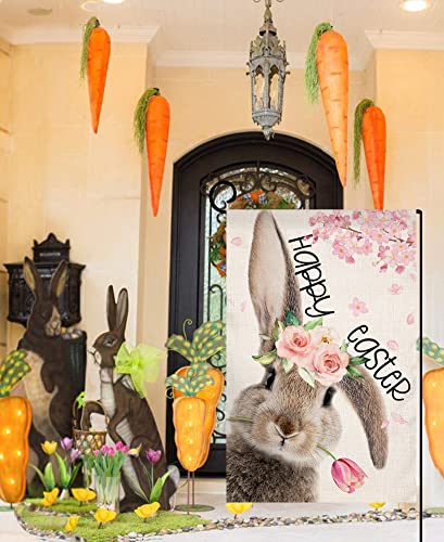 Easter Bunny Garden Flag 12x18 Vertical Double Sided Gray Rabbit Spring Floral Tulip Farmhouse Holiday Outside Decorations Burlap Yard Flag BW278