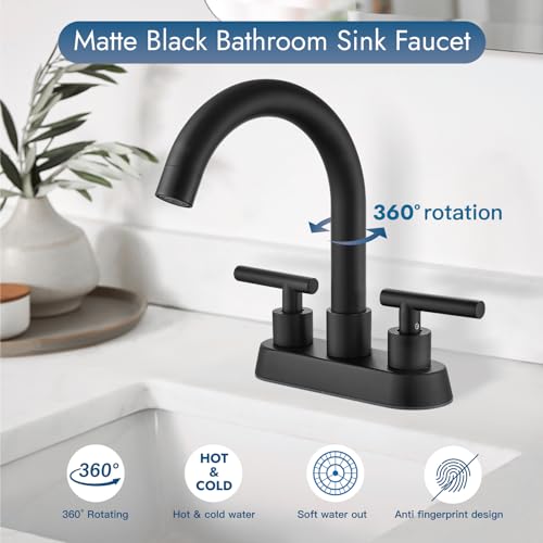 Cinwiny Matte Black Bathroom 4 Inch Centerset Sink Faucet SUS304 Double Handles Swivel Spout Deck Mount Mixer Tap with Pop-up Drain Lavatory Bathroom Vanity Faucets