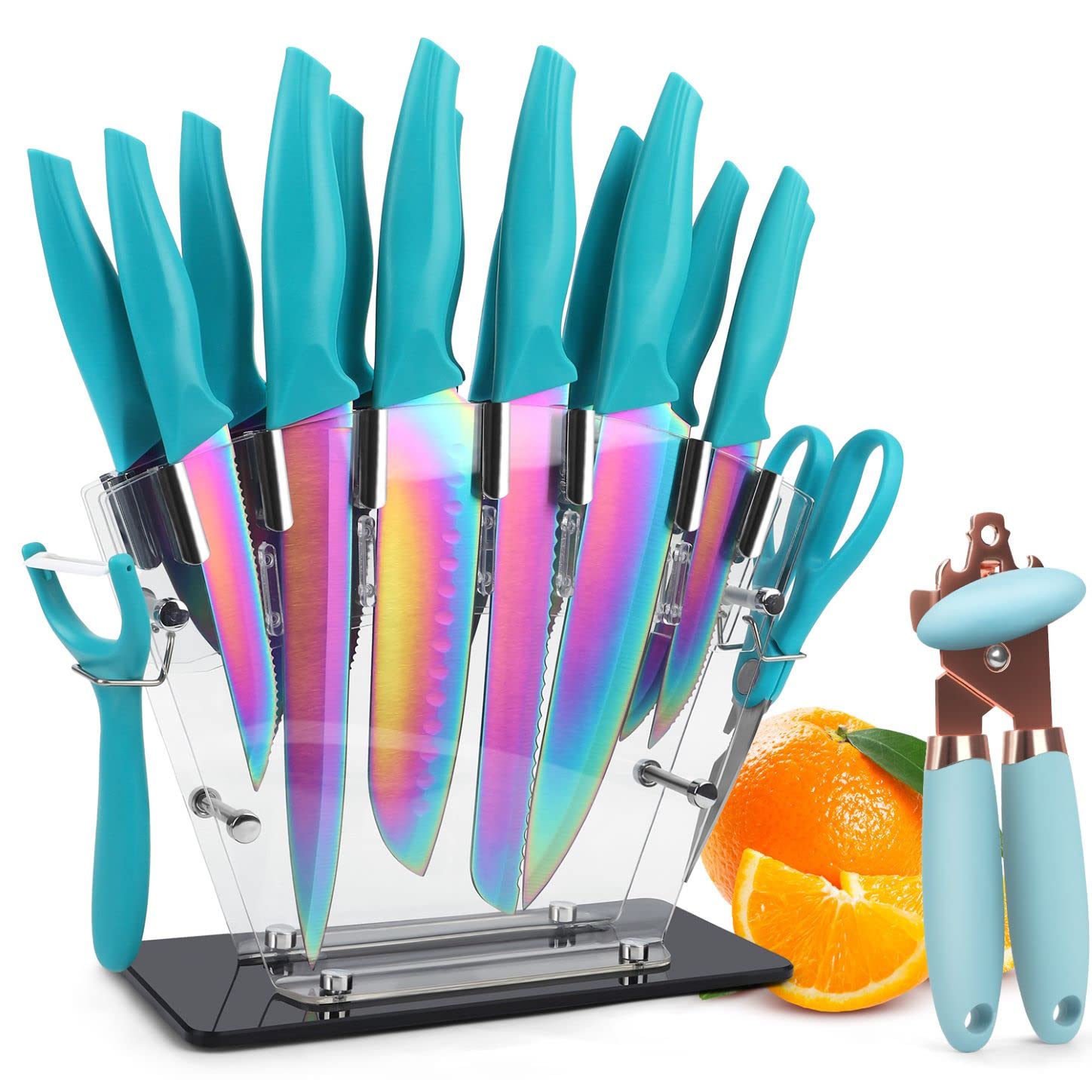 Knife Set, 18-Piece Rainbow Titanium Coating Cutlery Knives Block Set 14pcs Rainbow Titanium Stainless Steel Chef Knives, can opener , Acrylic Block Stand, Sharp Scissors and Peeler (Teal)