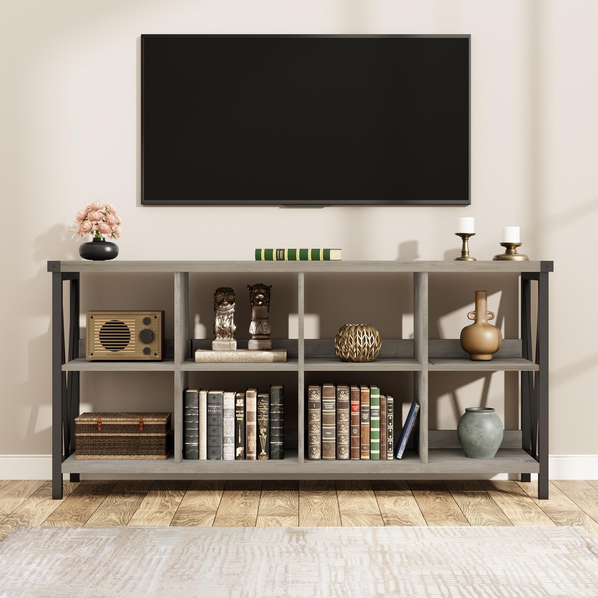 GAOMON 8 Cube Storage Organizer Bookcases, 3 Tier Metal Horizontal Bookcase, 62 Inch Industrial Storage Bookcase for Entryway, Long Low Bookshelf for Living Room-Grey
