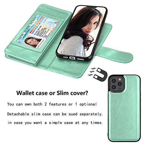 Njjex Compatible with iPhone 12 Mini Case/iPhone 12 Mini Wallet Case 5.4" (2020), [9 Card Slots] PU Leather ID Credit Holder Folio Flip [Detachable] Kickstand Magnetic Phone Cover & Lanyard -Turquoise