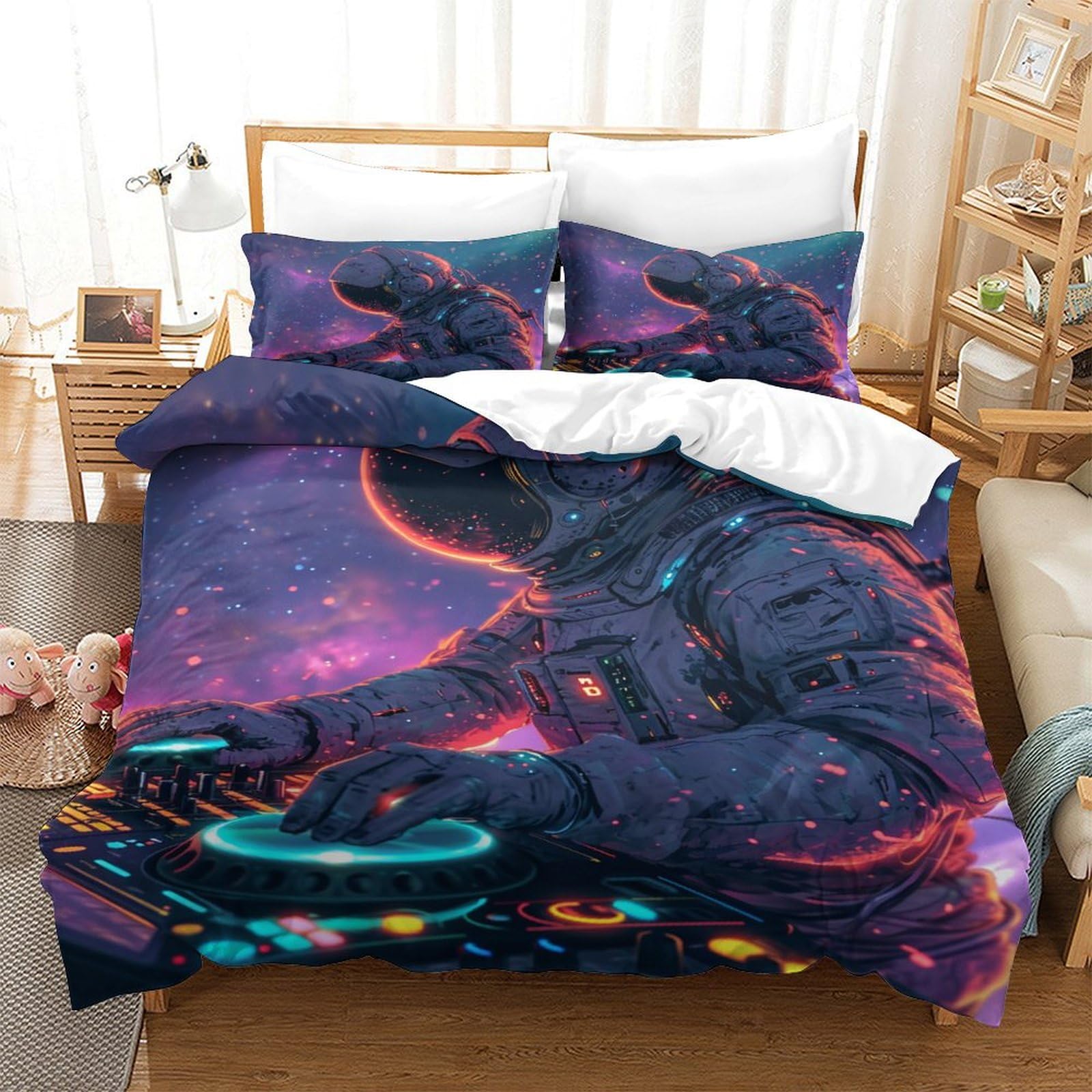 HEYLInGO Astronaut 3D Print Space DJ Quilt Cover Duvet Cover Comforter Covers for Teens and Adults with Pillow Cases Soft Microfiber Bedding Set with Zipper Closure 3 Pieces Twin(173x218cm), Style-3