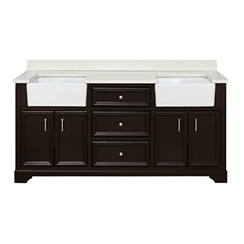 Kitchen Bath Collection Zelda 72-inch Double Farmhouse Vanity (Quartz/Chocolate): Includes Chocolate Cabinet with Stunning Quartz Countertop and White Ceramic Farmhouse Apron Sinks