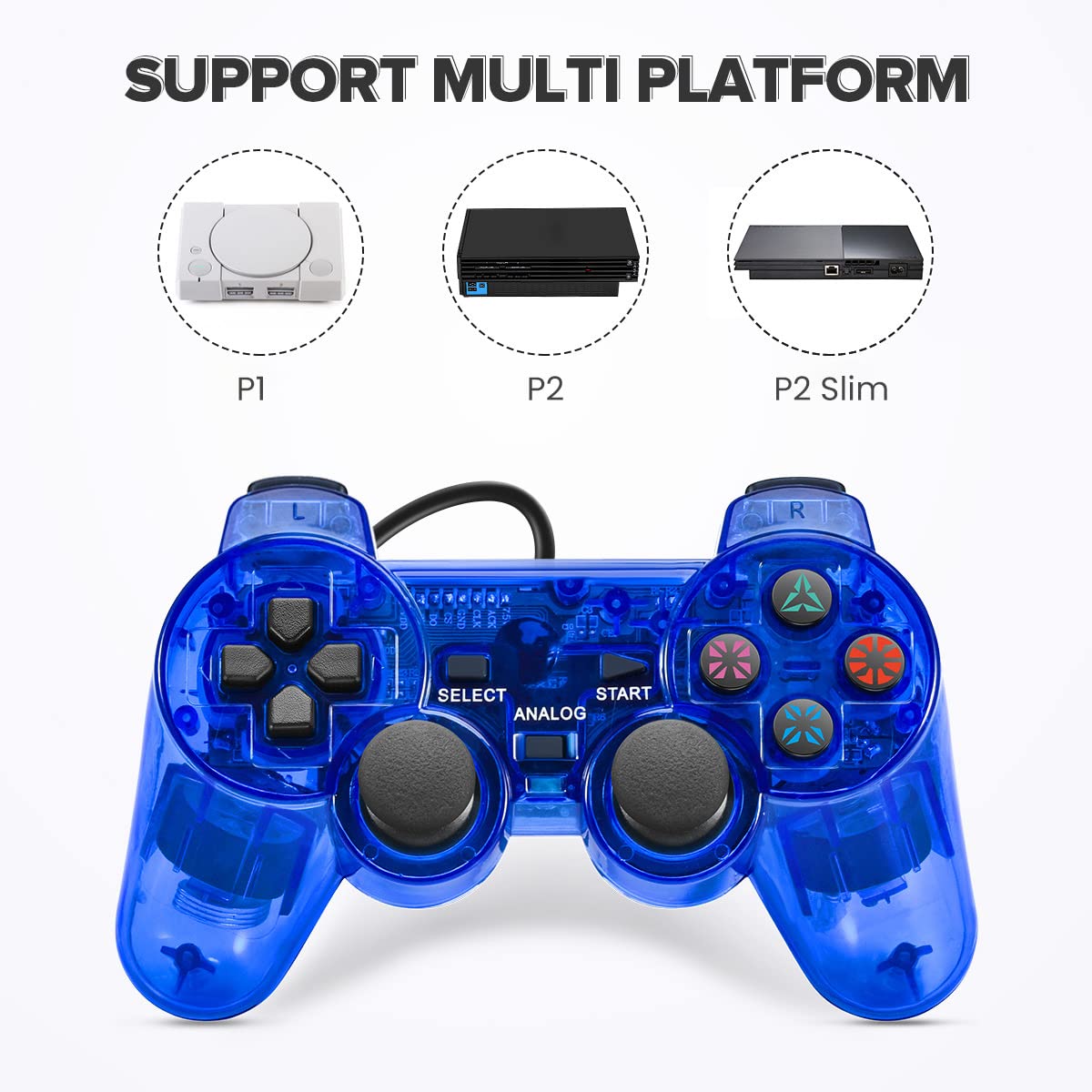 Cipon Wired Controllers Compatible with PS-2 Console, 2 Pack Vibration Gamepad Remote with 2.2M Cable (Red&Blue)