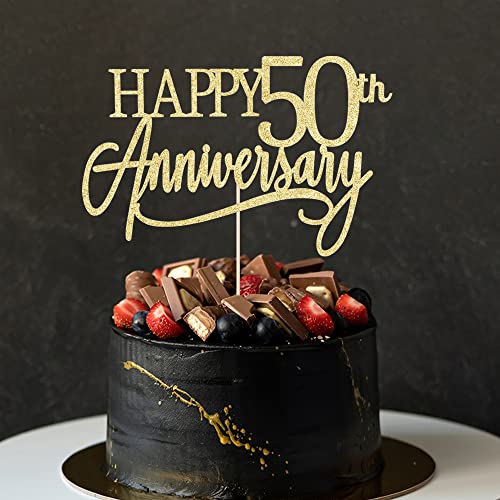 Happy 50th Anniversary Cake Topper,Gold Glitter 50th Birthday, 50Anniversary Party Decoration Supplies,Wedding Anniversary Party Decoration
