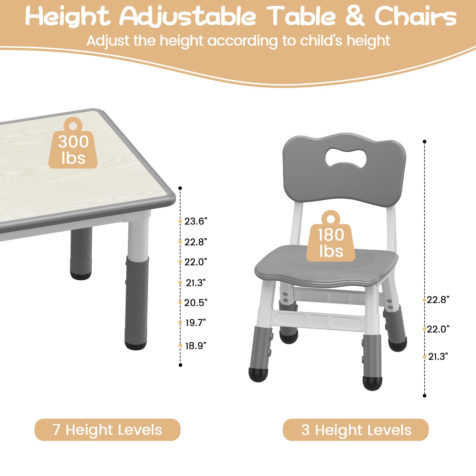 GAOMON Kids Table and 6 Chairs Set with Storage Box, Height Adjustable Toddler Table and Chair Set for Ages 2-10, Graffiti Desktop, Non-Slip Legs, Children Activity Table for Daycare Classroom Home