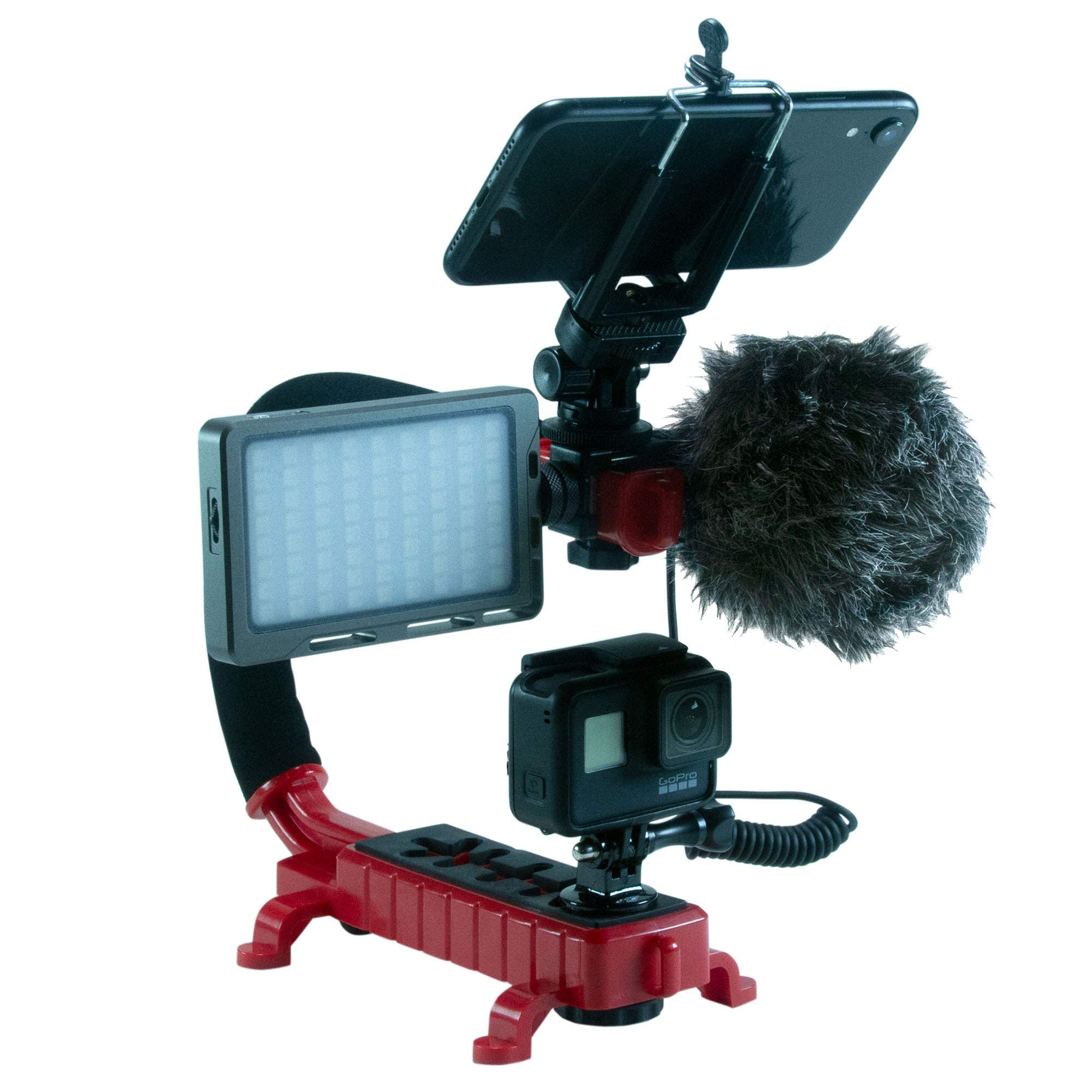CAM CADDIE U-Grip Pro Handheld Video Rig Steadicam with Triple Cold Shoe, Stabilizing Handle Grip Compatible for iPhone 12 11 Pro Max Xs 8 7 plus GoPro Canon Nikon Sony DSLR Cameras Red Action Edition