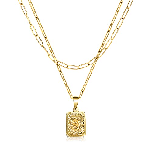 JoycuFF Neclaceses for Teens Paperclip Gold Planted Stainless Steel Chain Pendant Necklace Jewelry Gifts for Mother Daughter Sister Square Letter S