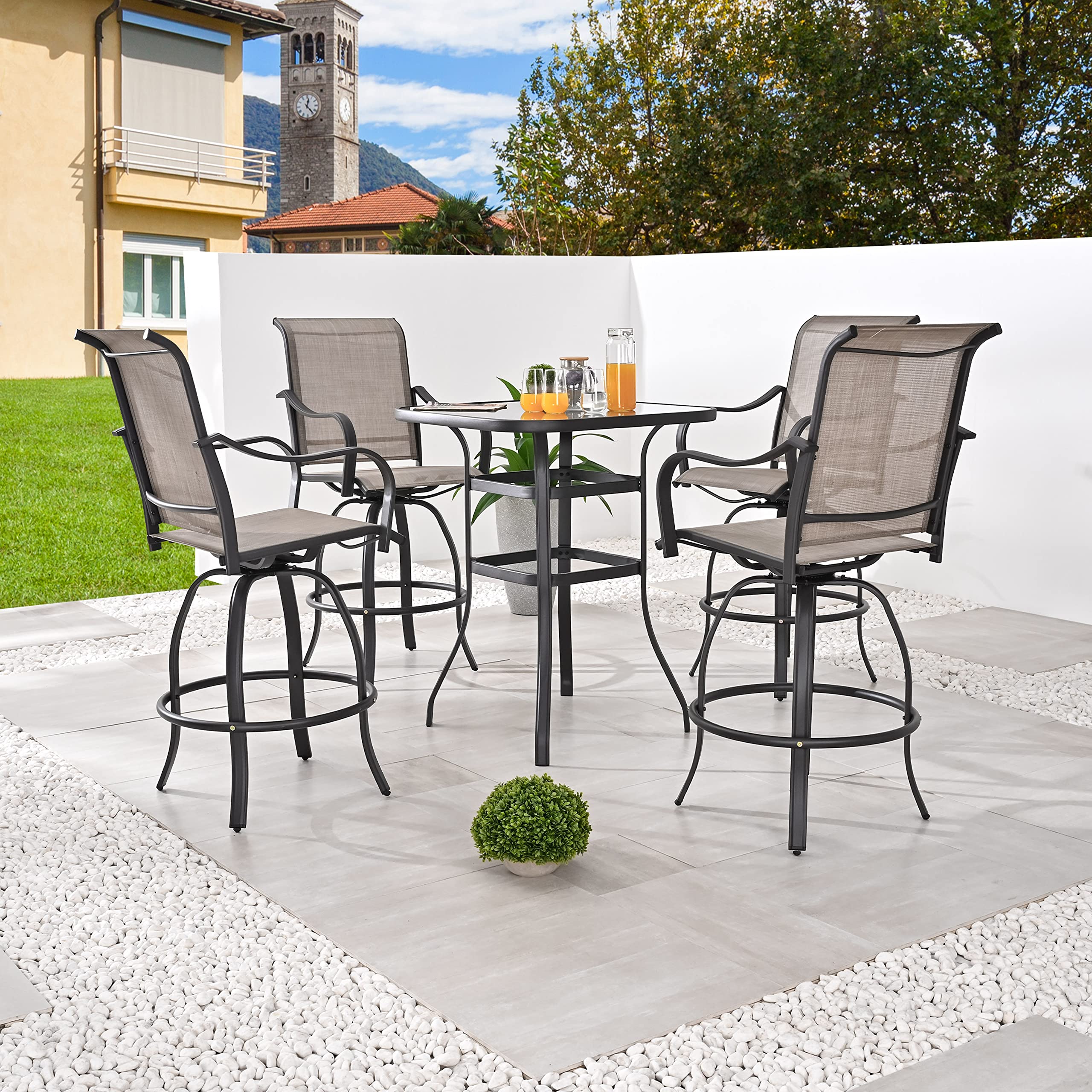 LOKATSE HOME 5 Piece Patio Dining Set Tesling Swivel Chairs with Glass Square Table Outdoor Furniture Bistro Rotating Stools for Poolside, Cafe, Porch, Chic Bar