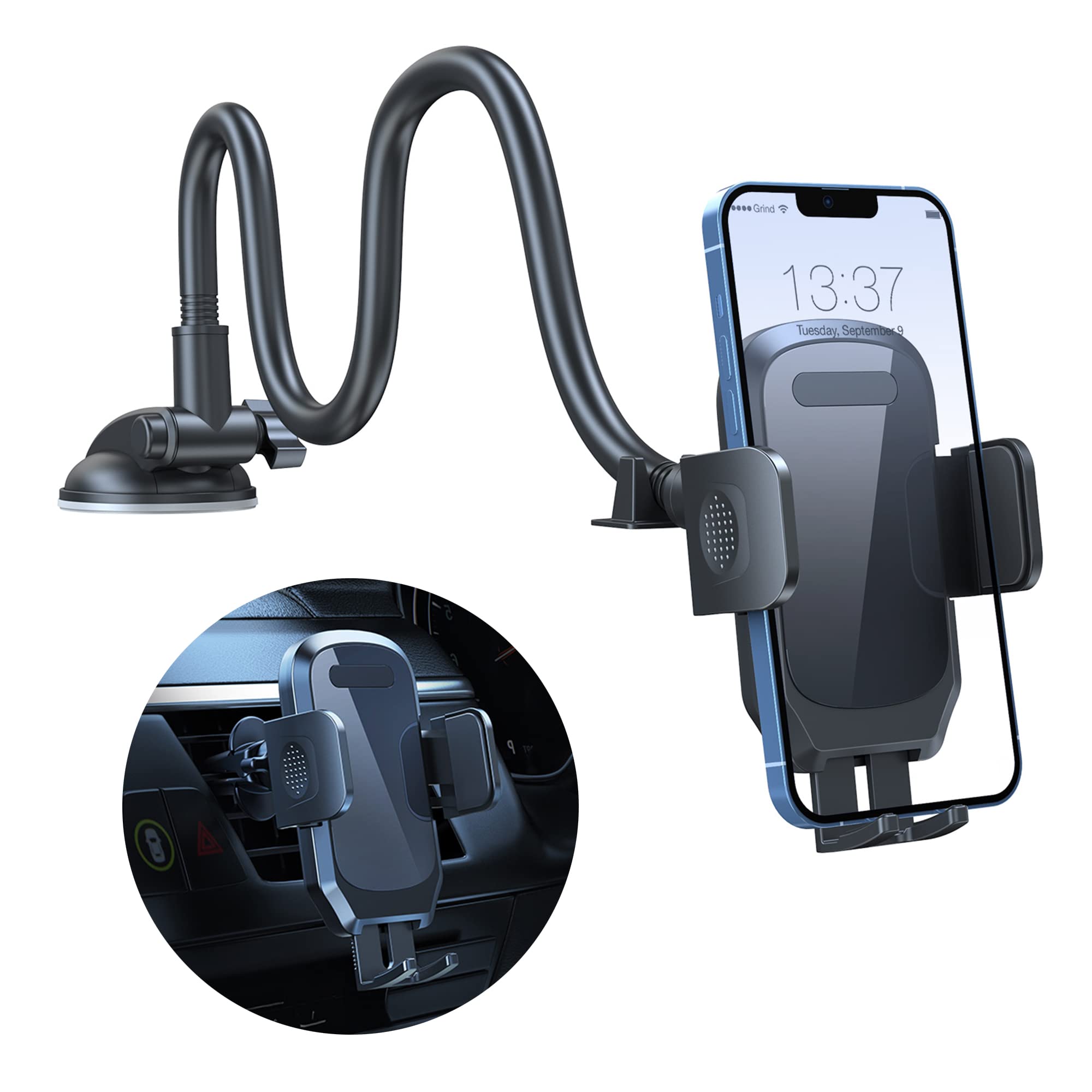 Fehlot Car Phone Mount,Dashboard/Windshield/Air Vent Cell Phone Holder,Gooseneck Long Arm Cradle Anti-Shake Handsfree Stand Compatible iPhone 13 12 14 Pro Max and All Smart Phones