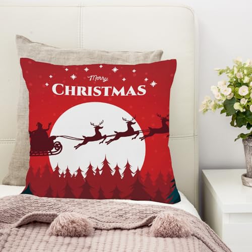 Christmas Deer Pillow Covers Moon Tree Snowflakes Animal Square Soft Linen Pack of 2 Throw Pillow Covers Home Decorative,red,18x18 Inch