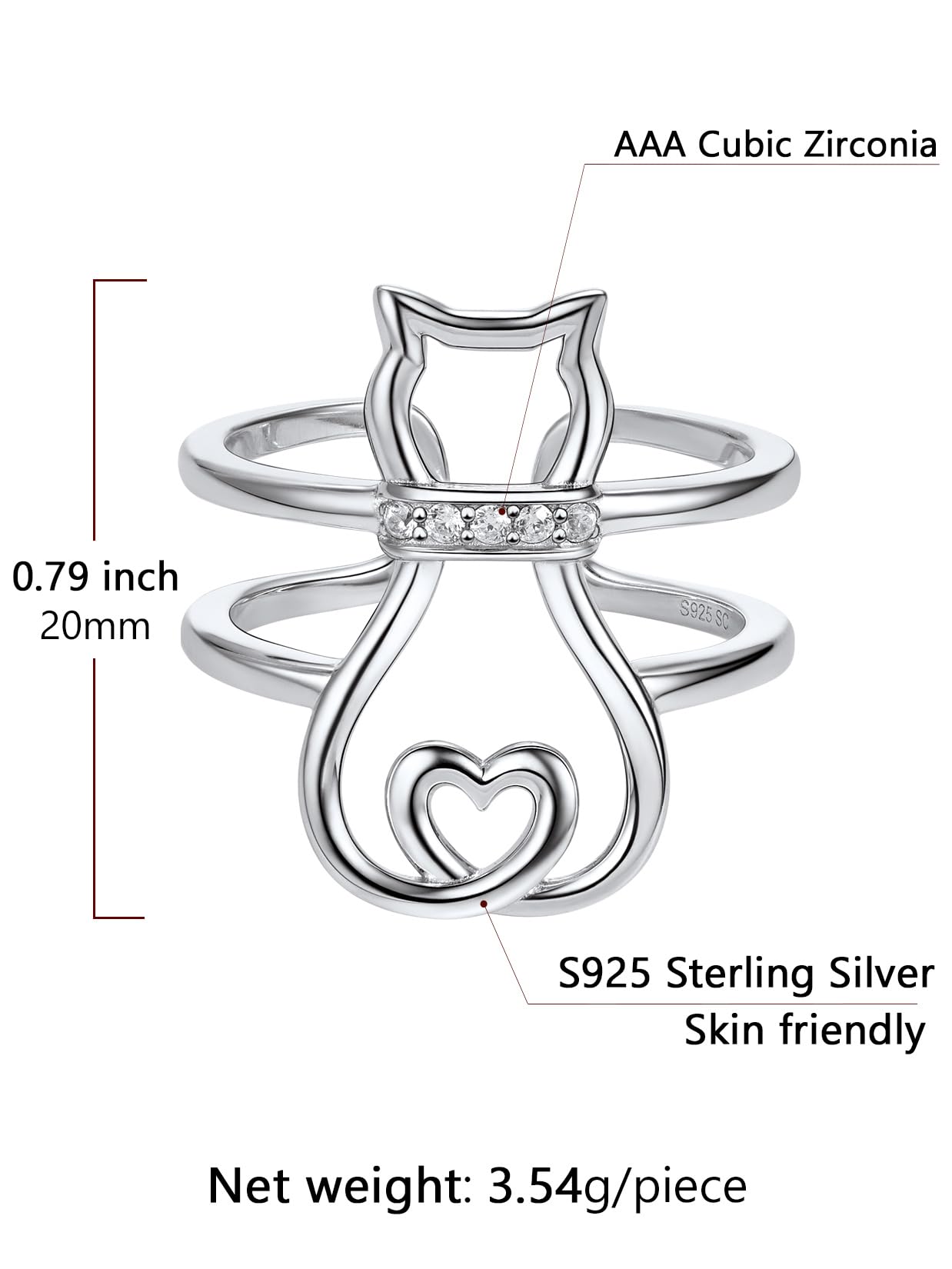 SILVERCUTE 925 Sterling Silver Cat Cute Ring Glittering Heart Cubic Zirconia Sparkle Adjustable Ring