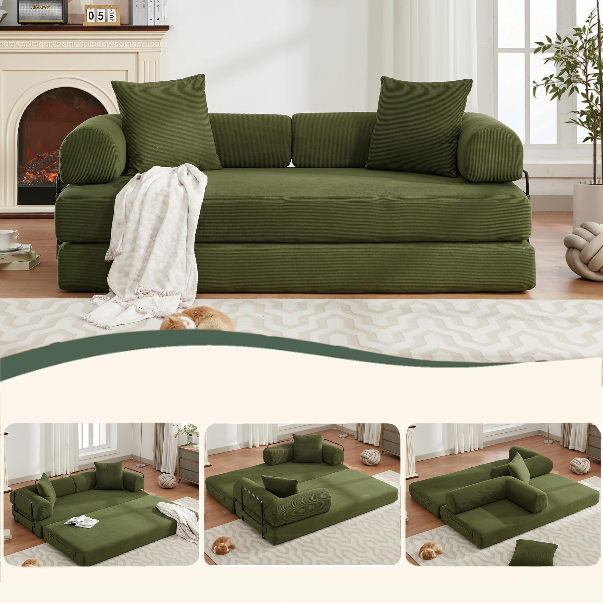 Fjzhai Sleeper Sofa Couch Bed,78.5" Corduroy 3 Seater Sofa Bed,4 in 1 Convertible Couch,Small Folding Couch for Living Room Apartment,Bedroom
