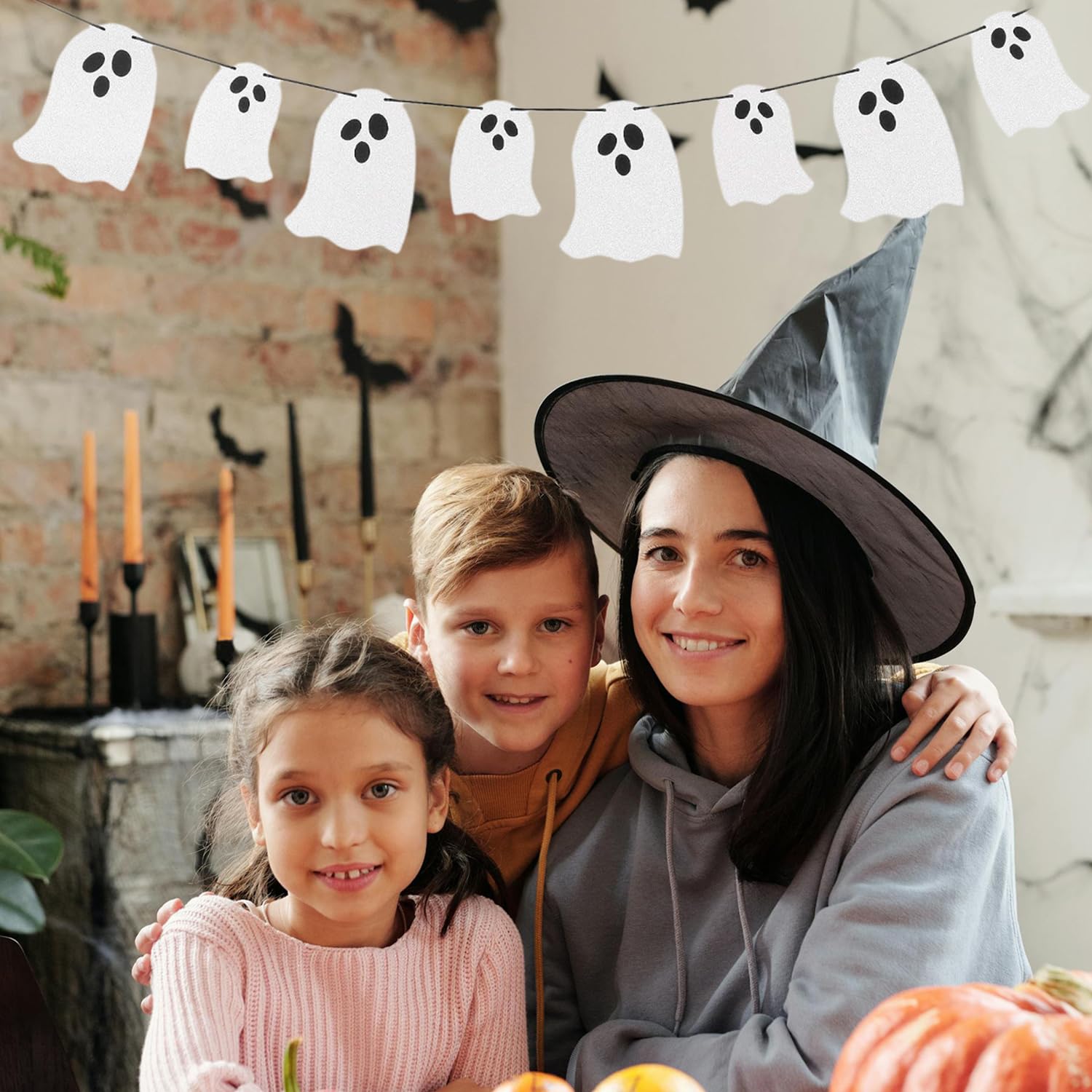 Halloween Hanging Glitter Ghost Banner with 60PCS 3D Halloween Bats β Spooky Party Decorations for Home, Office, and Classroom β Indoor and Outdoor Halloween Decor Set
