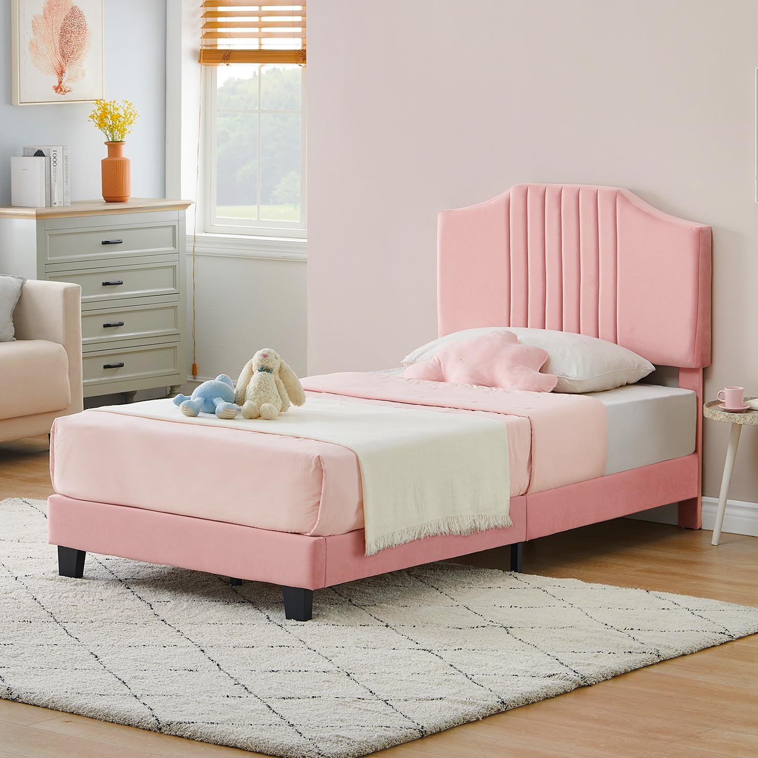 GAOMON Pink Twin Bed Frame for Girls, Upholstered Platform Bed Frame with Headboard, Strong Wooden Slats Support, Velvet Fabric Wrap, No Box Spring Needed, Easy Assembly (Pink)