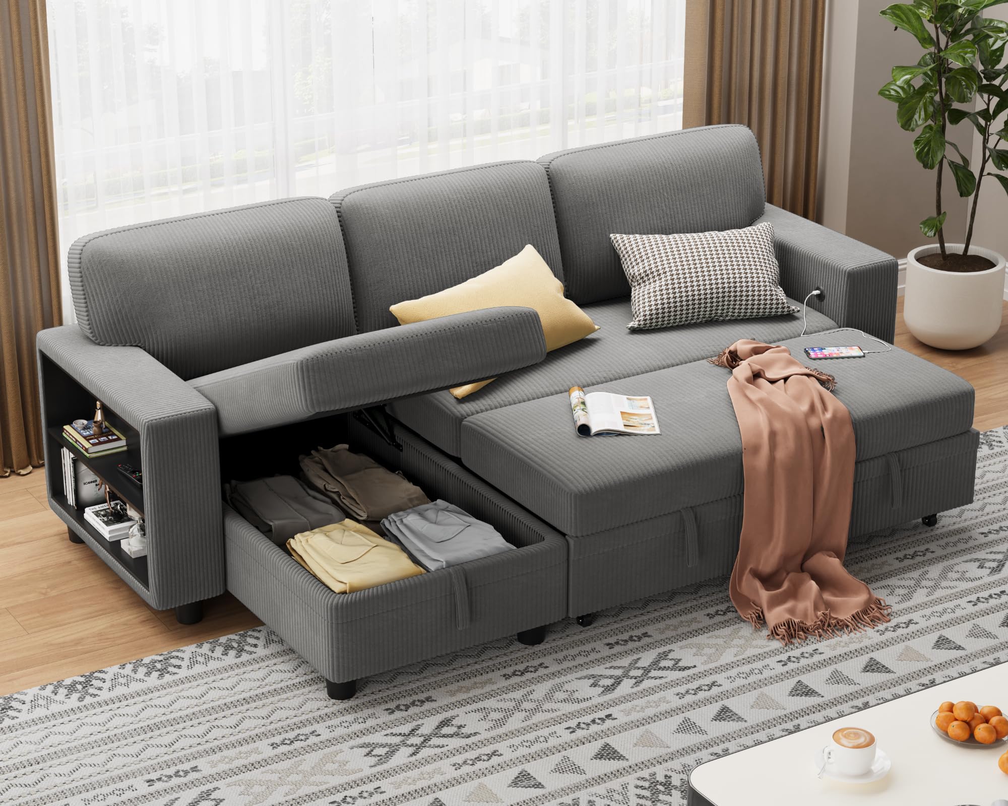 Flamaker 80" Sleeper Sofa, Sofa Bed with Built-in Large Storage and 2 Bookshelves, Convertible Sectional Sofa Couch, Pull Out Couch with USB, Modern Couches for Living Room (Corduroy, Light Grey)