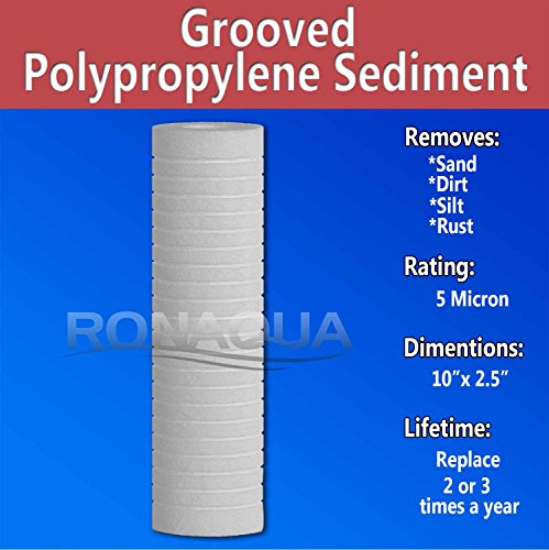Grooved Sediment Water Filter Cartridge by Ronaqua 10"x 2.5", Four Layers of Filtration, Removes Sand, Dirt, Silt, Rust, made from Polypropylene (2 Pack, 5 Micron)