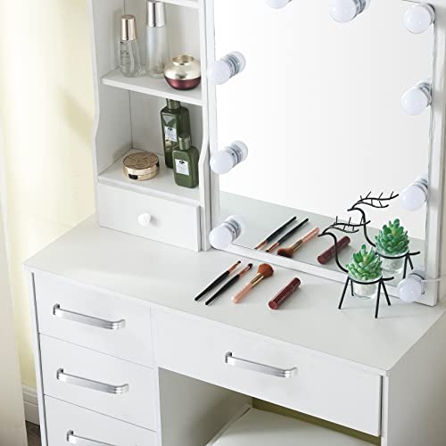 Makeup Vanity Set with Lights & Mirror, Large Vanity Table with Storage Drawers & Stool, Bedroom Dresser Desk Dressing Table for Girls Women (Modern)