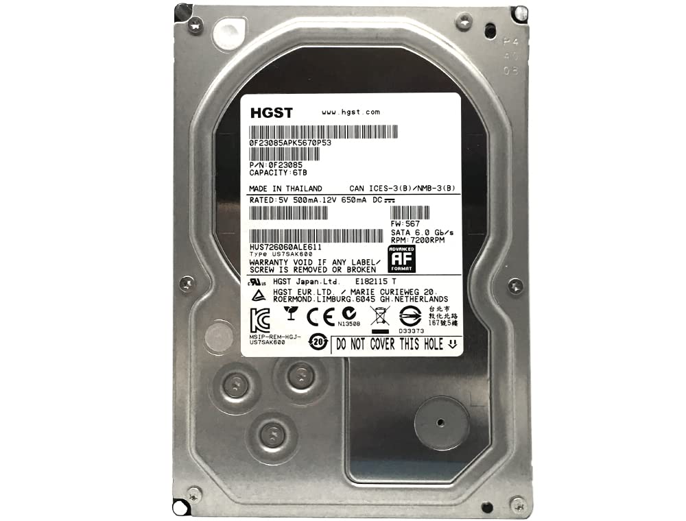 HGST Ultrastar (HUS726060ALE611) 6TB 7200RPM 128MB Cache SATA 6Gb/s 3.5-inch Enterprise Hard Drive - (for RAID, NAS, Desktop PC, Surveillance Storage) - 5 Year Warranty (Renewed)